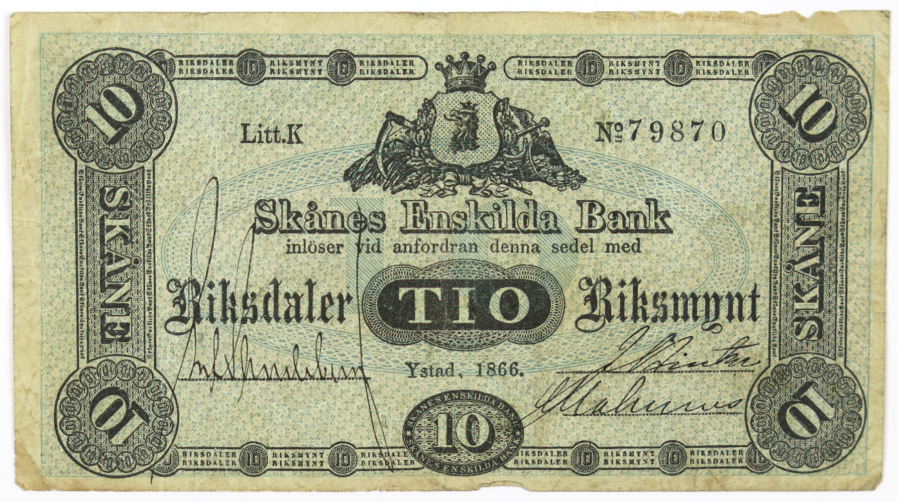 Sedel, 10 Riksdaler Riksmynt, Skånes Enskilda Bank 1866 | Auktion